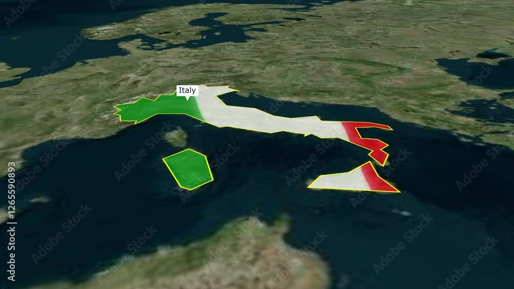 Italy map animation with Italy flag highlighted border color, 3d ...
