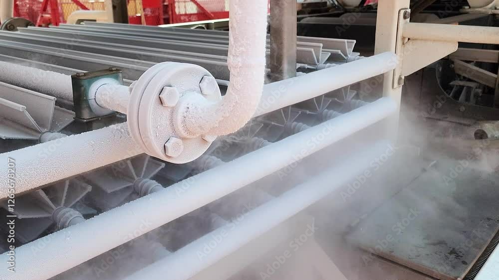 Liquid nitrogen is flowing in rigid pipeline during transfer process ...