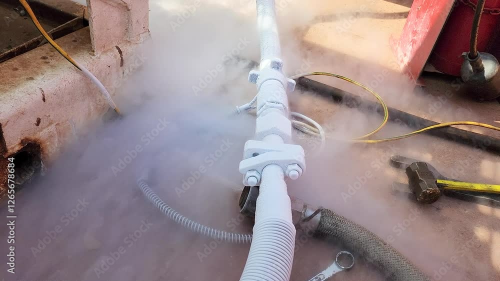 Vidéo Stock Liquid nitrogen is flowing in rigid pipeline during ...