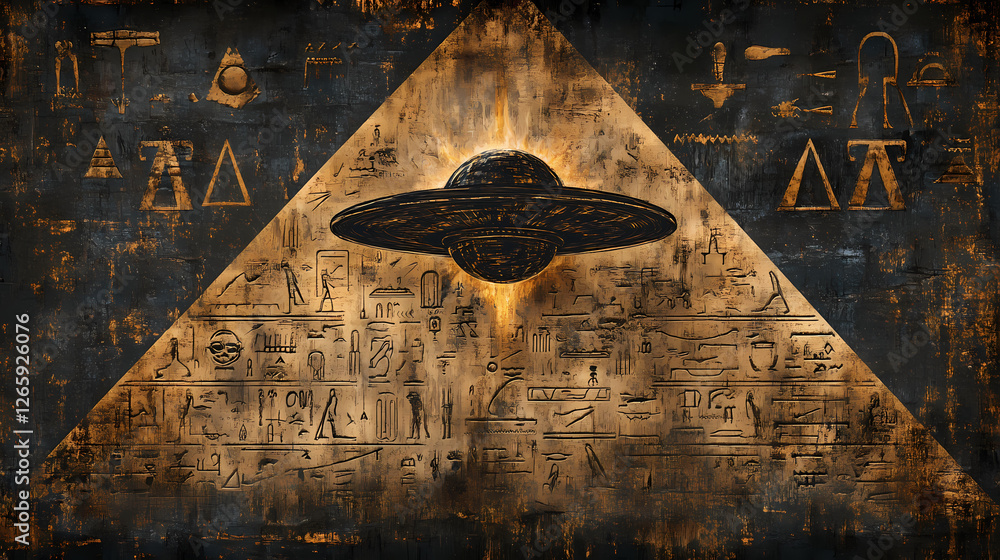 Poster Mysterious hieroglyphs featuring alien craft during pyramid ...
