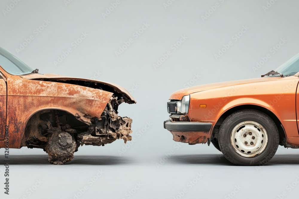 Poster Side by side comparison of a dented rusty car and a fully ...