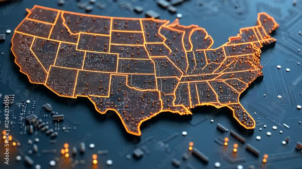 Digital representation of the United States map over circuit board with ...