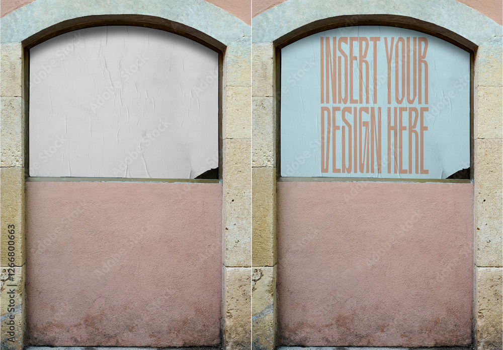 Torn crumpled paper poster mockup in an oval window on a rustic facade ...