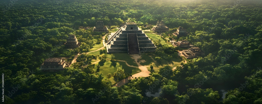 Poster An aerial view of Chichen Itza, highlighting the layout of the ...