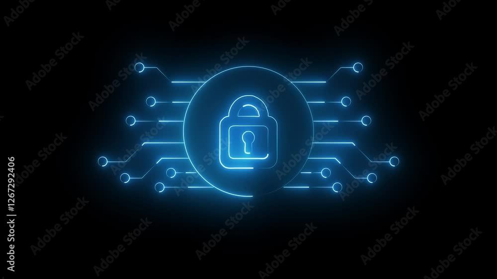 Network security padlock icon, digital lock and circuit board animation ...