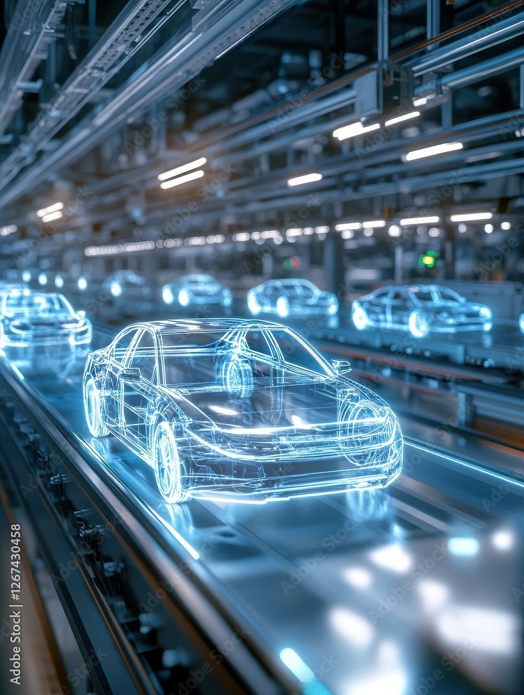 Poster Futuristic assembly line with holographic car models in a high ...