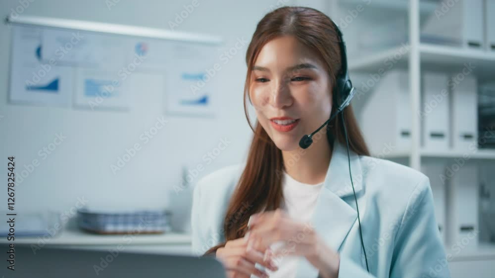 Portrait of Asian businesswoman, call center agent wearing headset giving support to customer at ...