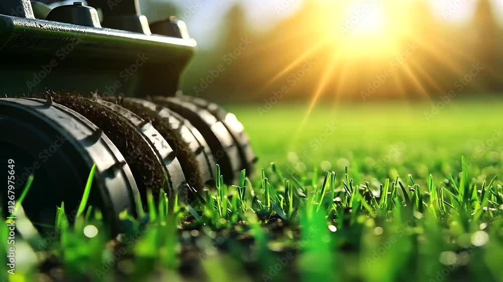 A close-up of a garden roller aerator with sharp, spiked wheels ...