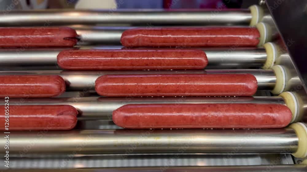 Long delicious hot dogs are sizzling on a roller grill in supermarket ...