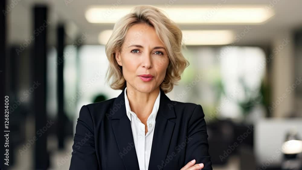 Smiling confident stylish mature mid aged woman standing at home office ...