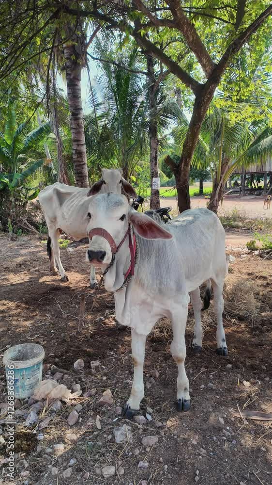 Two white cows stand under palm trees in a rural setting. The ...