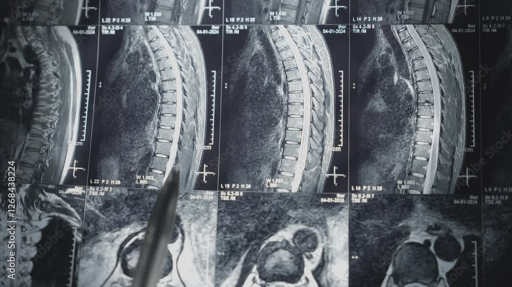 Spine MRI sagittal sections on lightbox with doctor's hand pointing ...