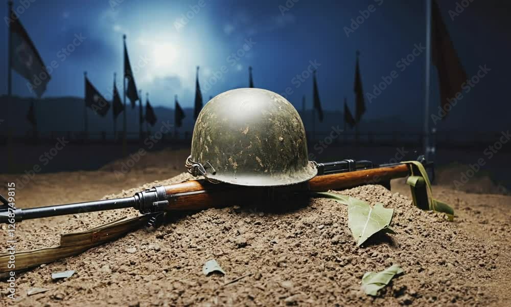 A symbolic war memorial featuring a military helmet and bullets on a ...