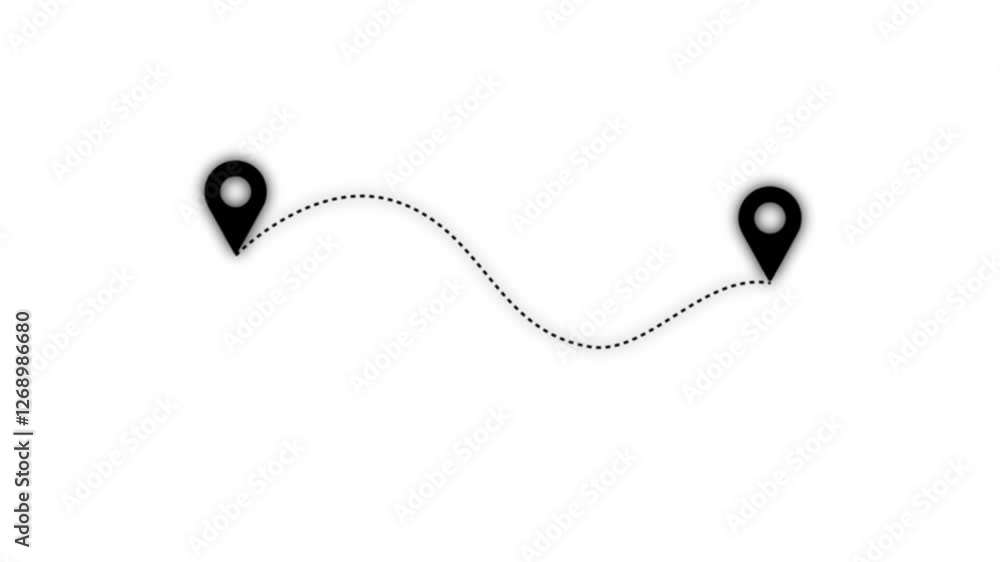 Two location pins connected by a dashed line animated on whit ...