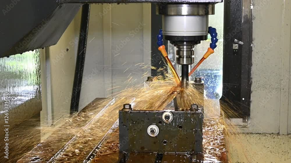 The pan scene CNC milling machine rough cutting the mold parts with oil ...