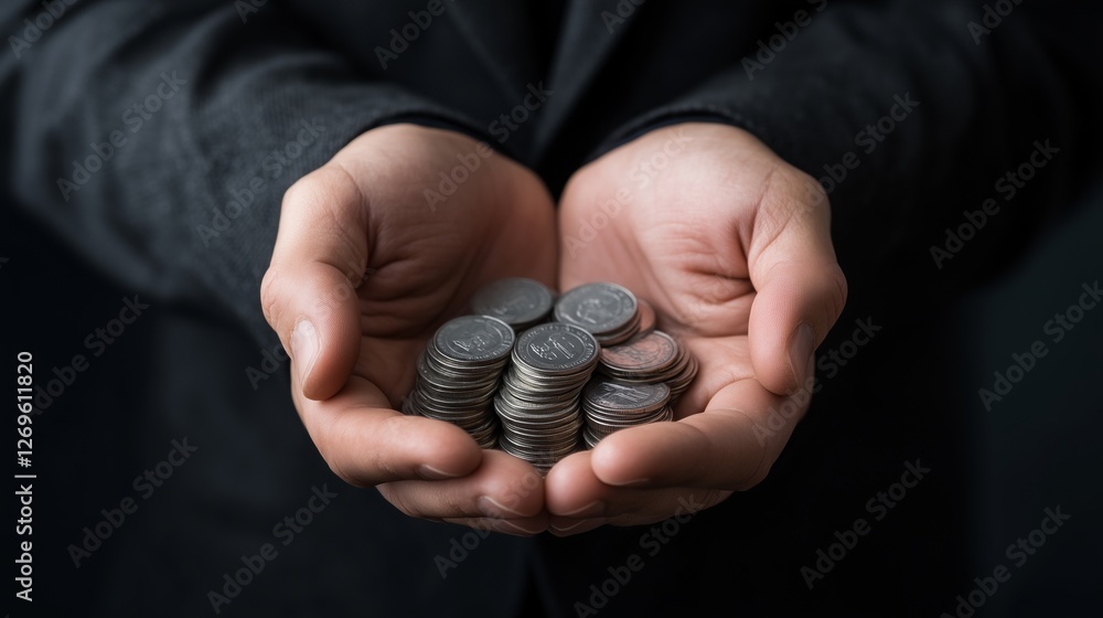 Photo Hands holding coins representing human greed in a dimly lit ...