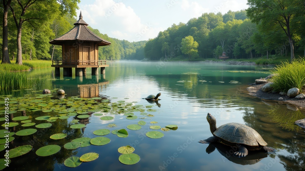 Poster Zookeeper feeding, Lake view with a feeding station and aquatic ...