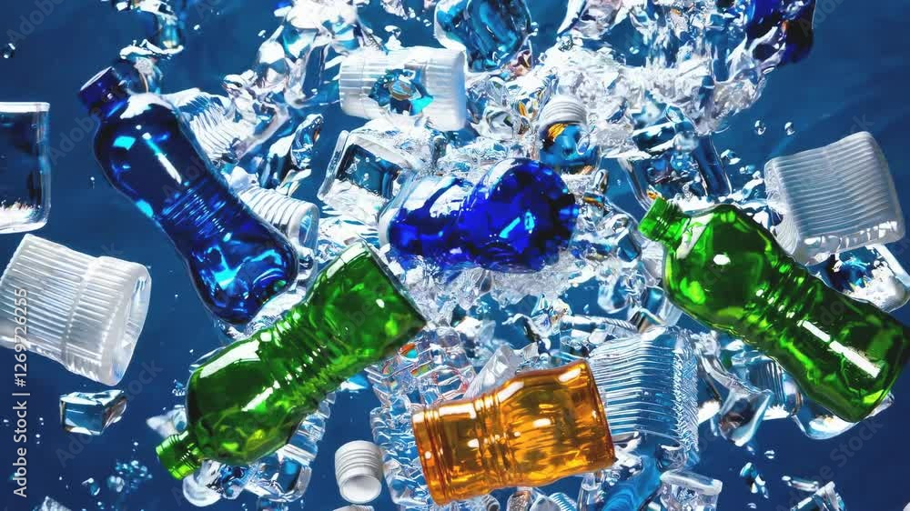 Plastic waste drifts through simulated marine environment. Underwater ...