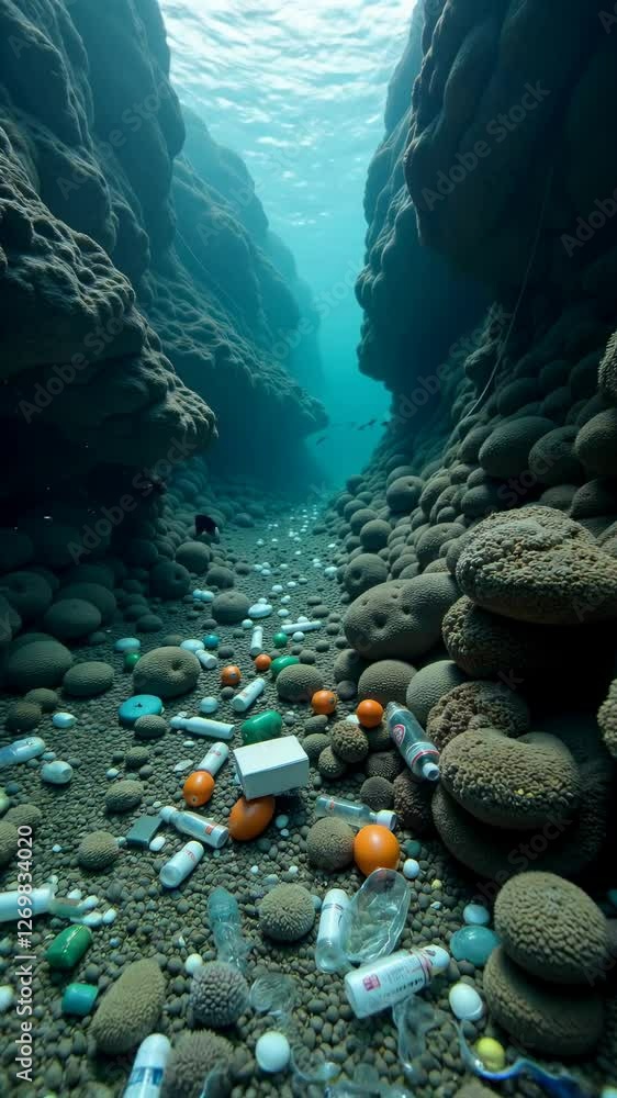 Plastic bottles and garbage polluting the seabed in a beautiful coral ...
