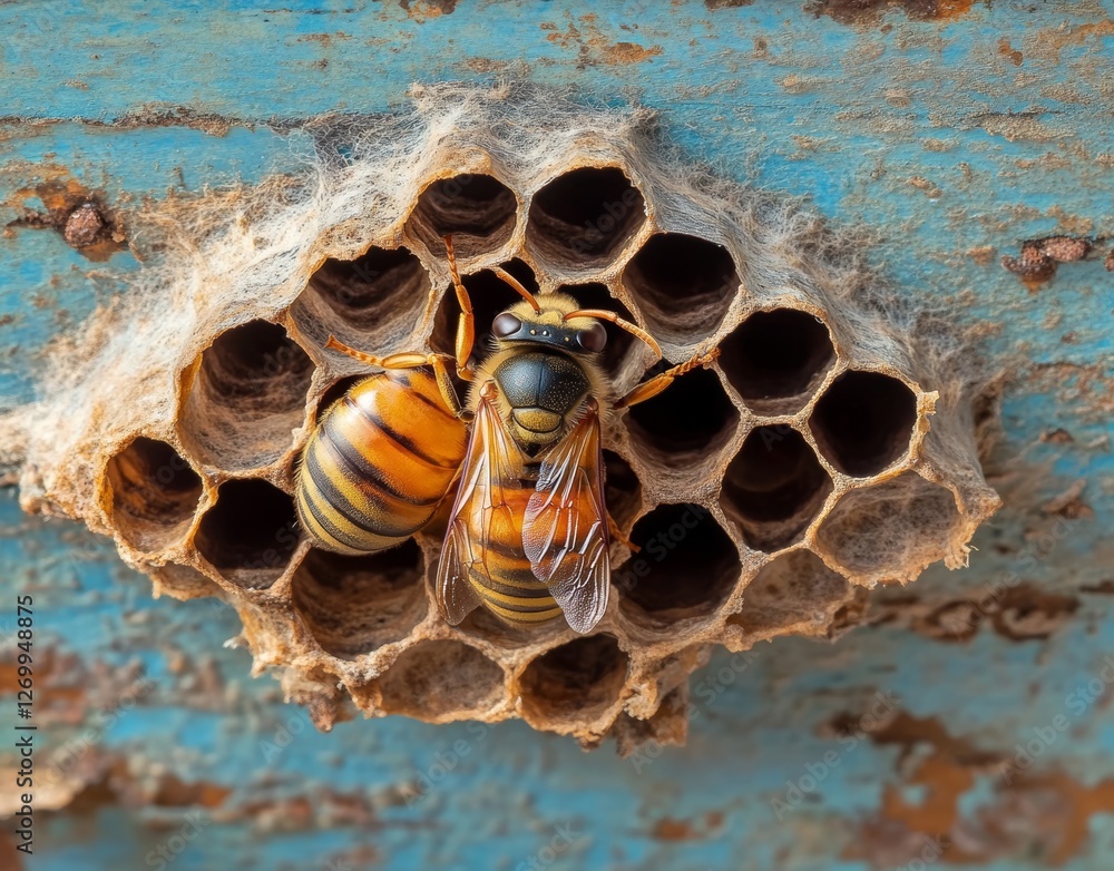 Poster Under the pavilion's pillars, there is a sizable wasp nest ...