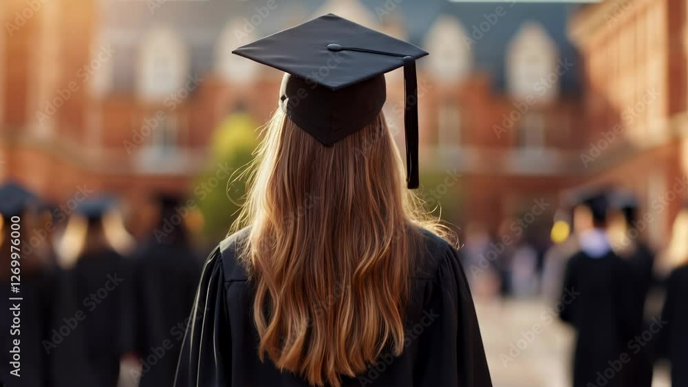 A female graduate wearing a cap and gown walks across the university ...