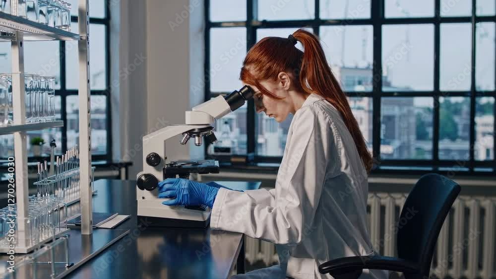 Acercamiento a científica observando muestras bajo microscopio en ...