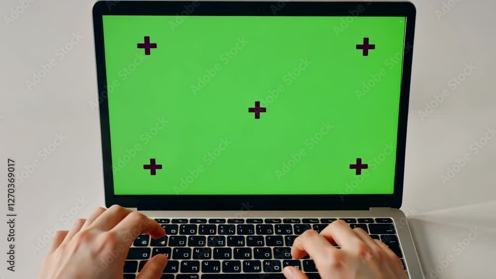 Laptop Computer Monitor Standing on a Desk with a Green Screen Chroma ...
