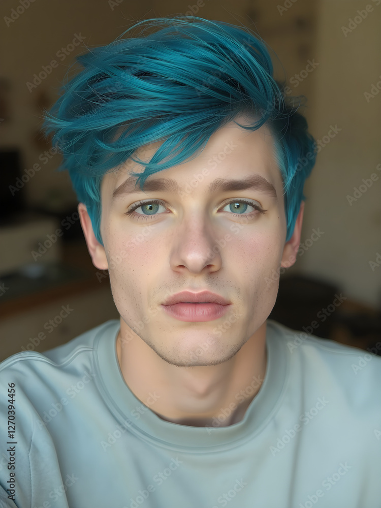 Poster Un joven de tez clara con un sorprendente cabello azul radiante ...