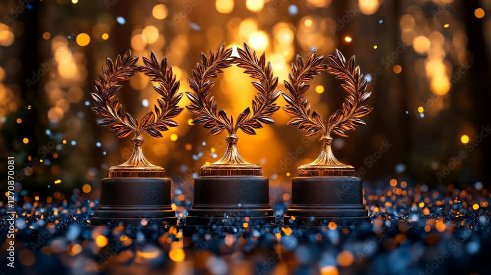 Three Golden Trophies with Laurel Wreaths on a Sparkling Background for ...