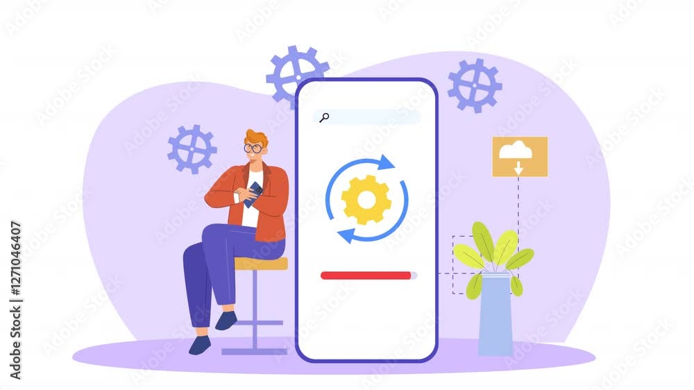 Flat scene animation showing the process of installing an app on a ...