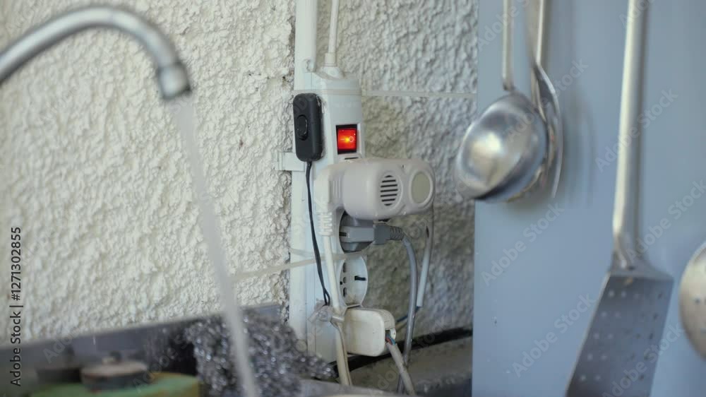 Problem of an open water flowing tap and switched outlet socket, high ...