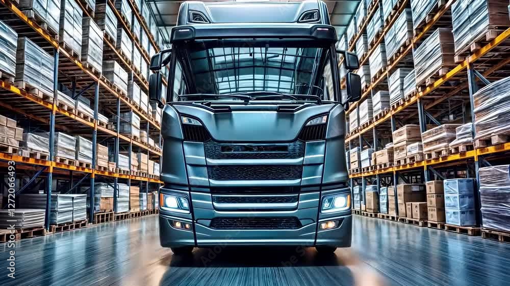 Modern freight truck in logistics warehouse with stacked pallets and ...