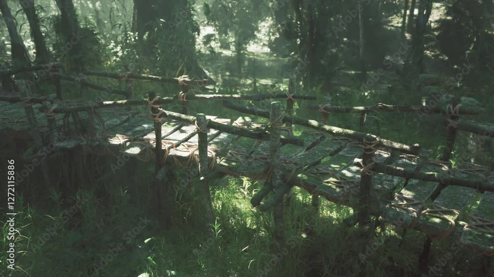 Ancient wooden footbridges built by indigenous people traverse a lush ...