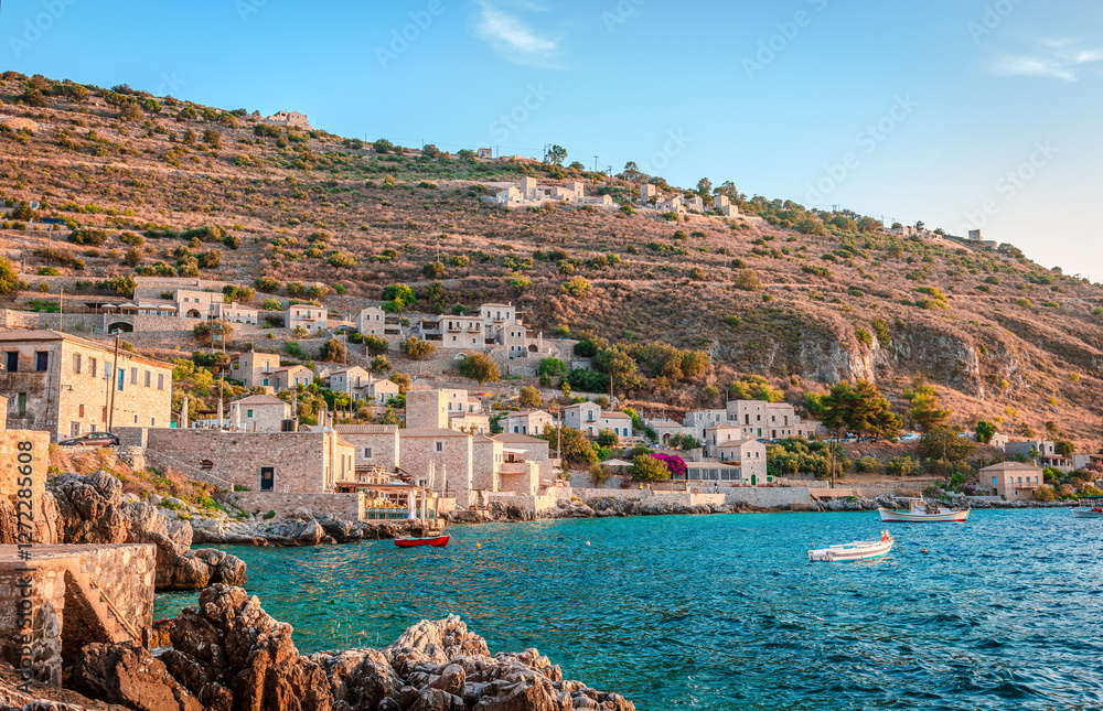 Poster Limeni, a small seaside village on the Mani peninsula in the ...