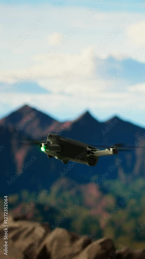 Vertical Video Mountain range explorer filming a professional video and ...