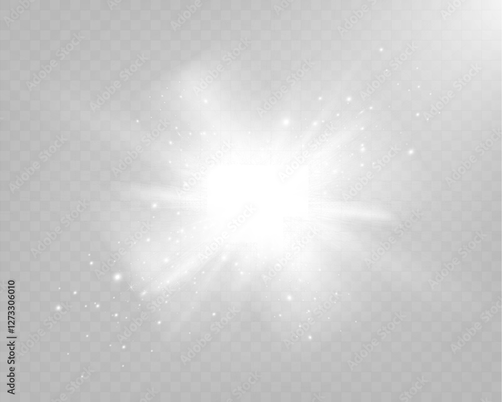 Poster Bright white light explosion with lens flare, rainbow ...