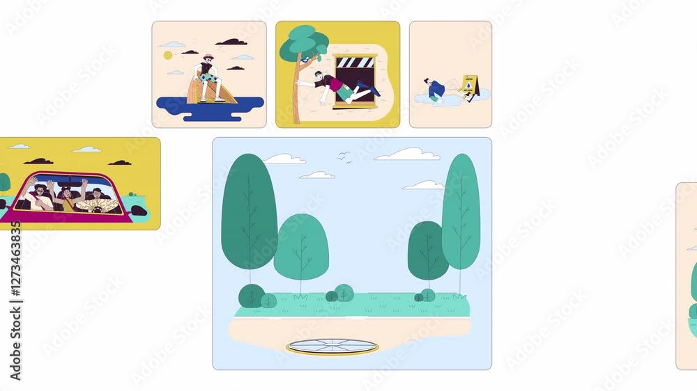 Diverse people in unexpected dangerous situations bento grid animation ...