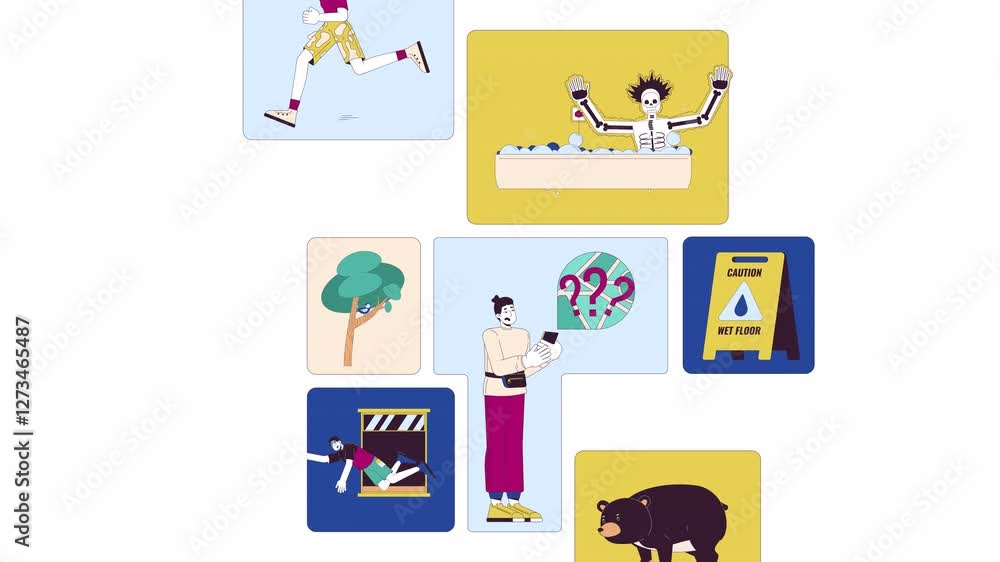 Safety hazards in daily life bento grid animation. Dangerous actions ...