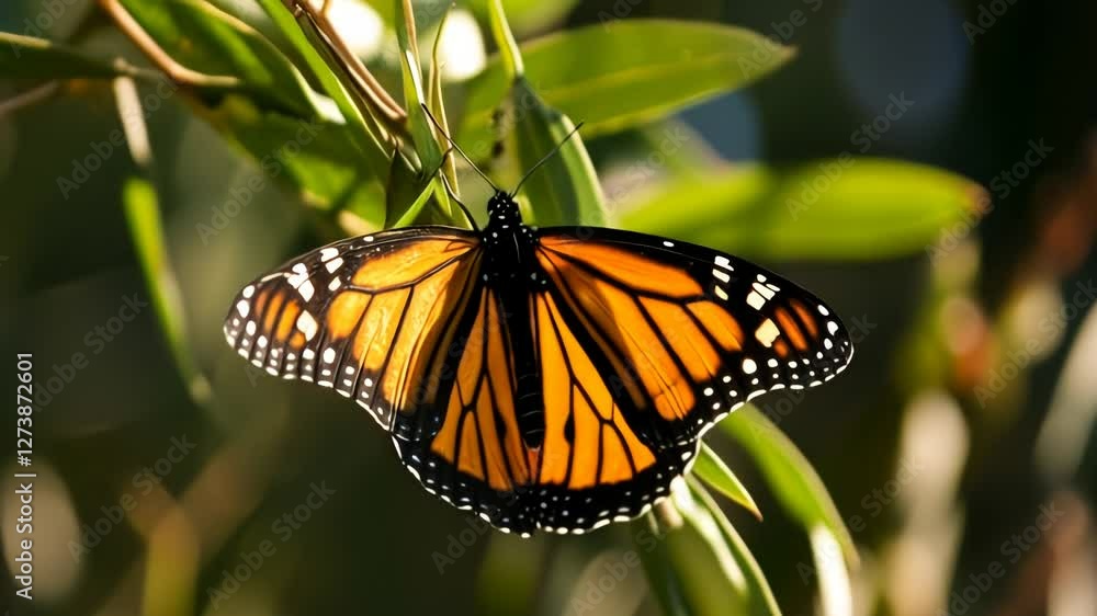 Monarch butterfly rests at greenery. Detailed wings show black orange ...