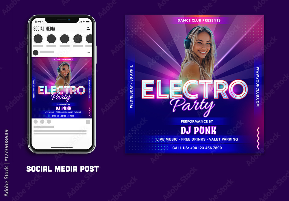 Electro Party, Editable Social Media Post for Club, Disco and Upcoming Night Parties. Stock ...