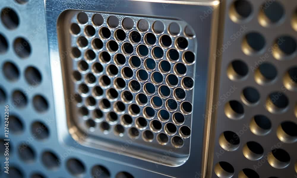 An overhead image of a square stainless steel air vent featuring a ...