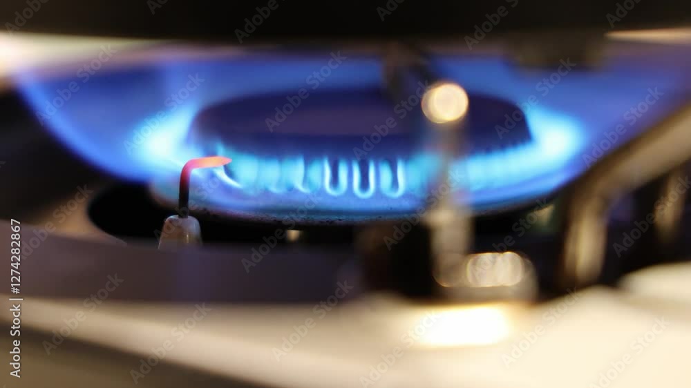 Gas stove flame. Close up of a gas stove burner igniting with a blue ...