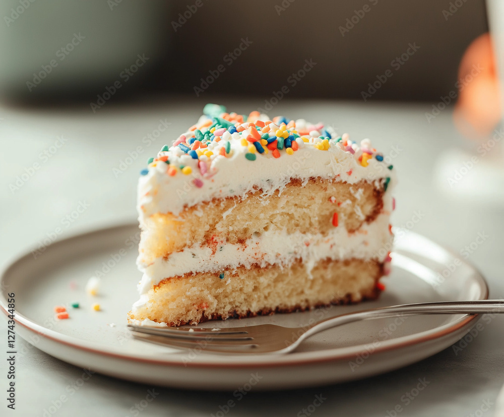 slice of birthday cake on a plate with a fork Stock Photo | Adobe Stock