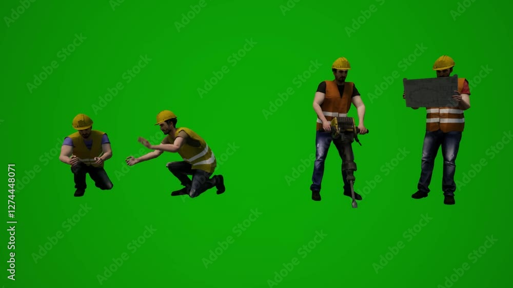 Man and construction worker working, digging, drawing and measuring ...