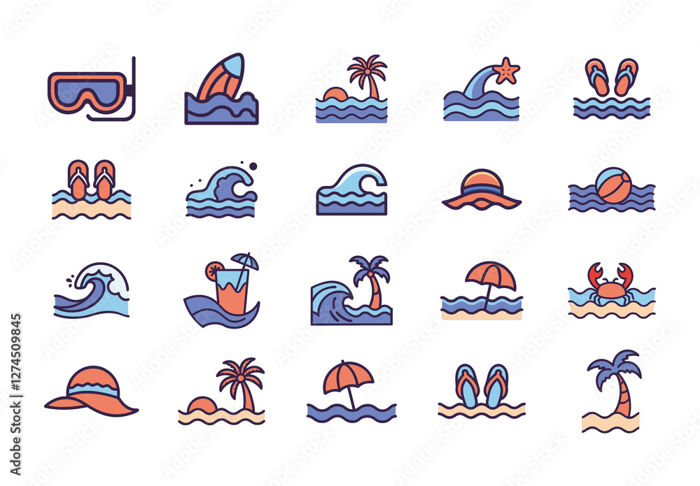 Blue Ocean Waves and Elements Sea Adventure Symbols. Marine Icons Set ...