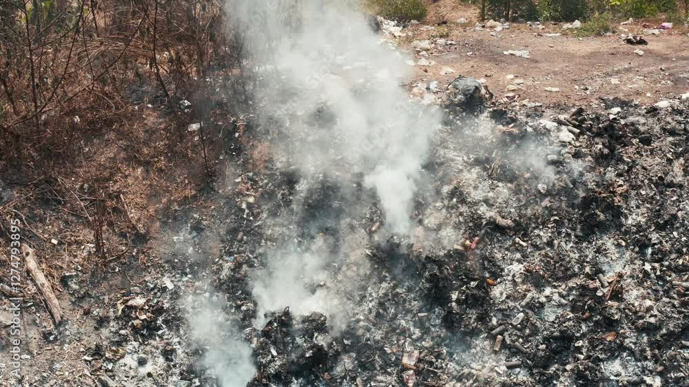 Garbage, fire burning and smoke in landfill. Also called trash, waste ...
