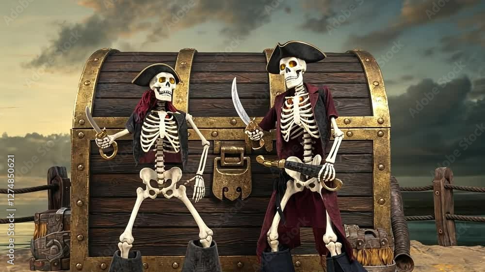 Two cursed pirate skeletons guard a massive treasure chest, gripping ...