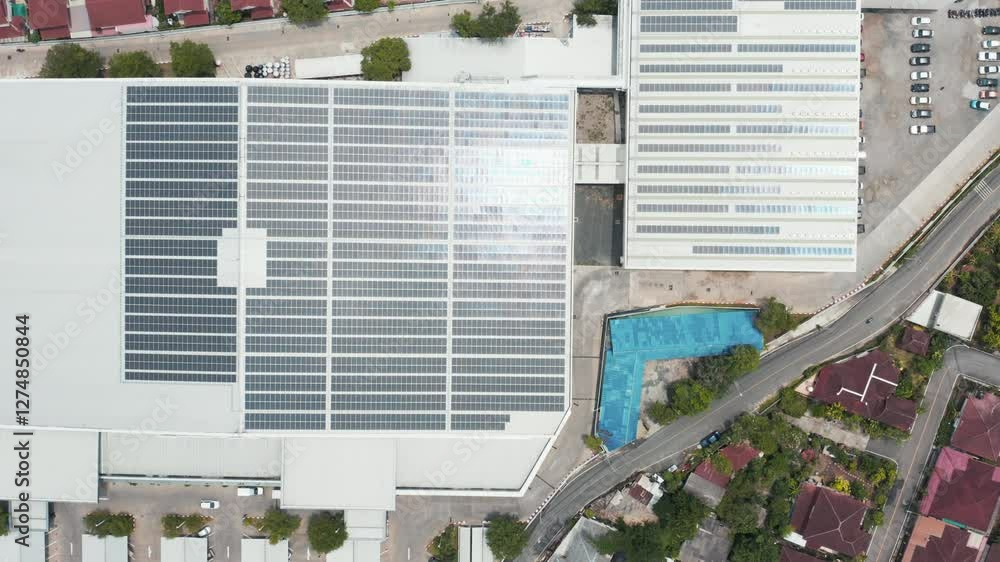 Eco building of shopping center in aerial view consist of solar or ...