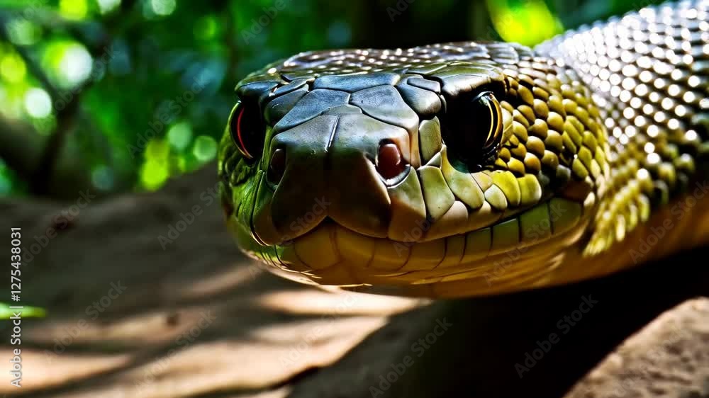 Venomous green snake slithering over rocky ground, exposing bright red ...