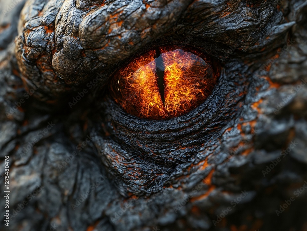 Poster Un ojo de dragón resplandece con un brillo ardiente, mostrando ...